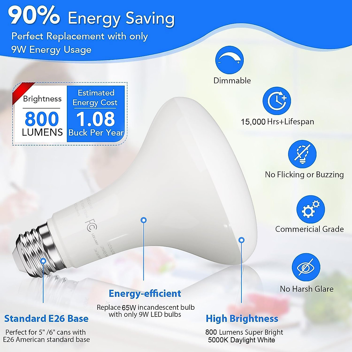 VOLIVO BR30 LED Bulbs 12 Pack, Dimmable Flood Light Bulb,5000k Daylight Light Bulbs, 9W Equivalent 65W Incandescent Blubs,800 Lumens, E26 Base, CRI 80,Recessed Light Bulb for Ceiling,Kitchen