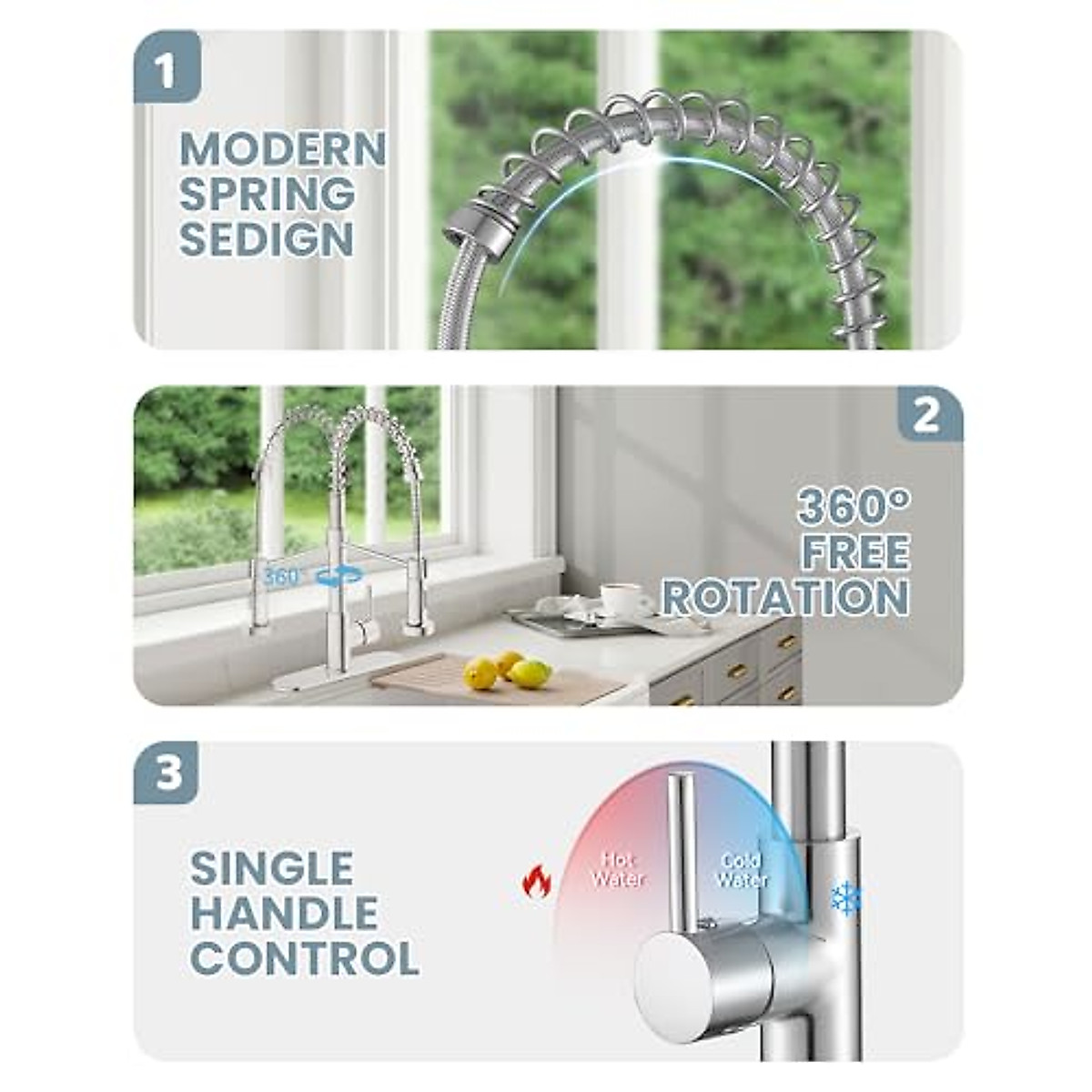 Casavilla Kitchen Faucet Set, Commercial Kitchen Sink Faucets with Pull Down Sprayer and Soap Dispenser, Stainless Steel Faucets for Kitchen Sinks, Single Handle Spring Kitchen Faucets with Deck Plate