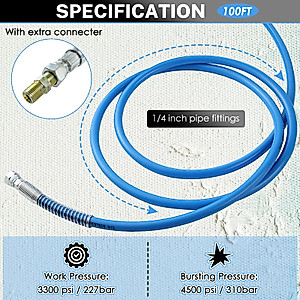 NATGAI 100FT High Pressure Airless Paint Sprayer Hose, 1/4 inch Airless Paint Hose 3300PSI Flexible Fiber Tube (100ft)