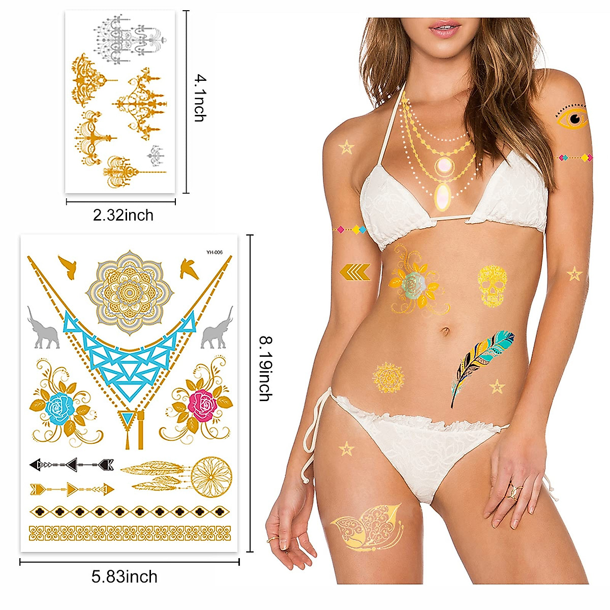 24 Sheets Gold Henna Tattoo Temporary Tattoos for Adult Women, Over 300 Shimmer Waterproof Fake Tatoos - Gold Tattoos Metallic Stickers in Bracelets, Feathers, Wrist and Arm Bands