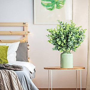 6 Bundles Artificial Boxwood Shrubs Eucalyptus Greenery Stems Fake Plants Outdoor Fade Resistant Faux Plastic Plants for Garden Home Porch Patio Window Box Bedoom Decor, Frosted Green