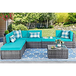 Shintenchi 7 Pieces Ottoman Outdoor Patio Sectional Sofa Couch, Silver Gray PE Wicker Furniture Conversation Sets with Washable Cushions & Glass Coffee Table for Garden, Poolside, Backyard Blue