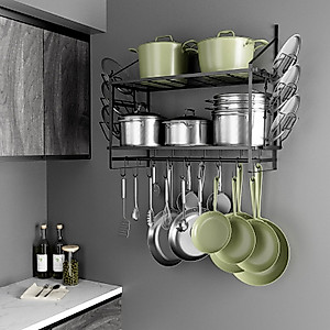 HOYRR Hanging Pot Rack Wall Mounted,30 Inch Wall Hanging Pot Rack,Pot Hangers for Kitchen Wall Mount,Pot And Pan Hanger Side Piece with 2 Pieces Pans Lids Organizer,Wall Pot Rack Hanging Rod+16 Hooks
