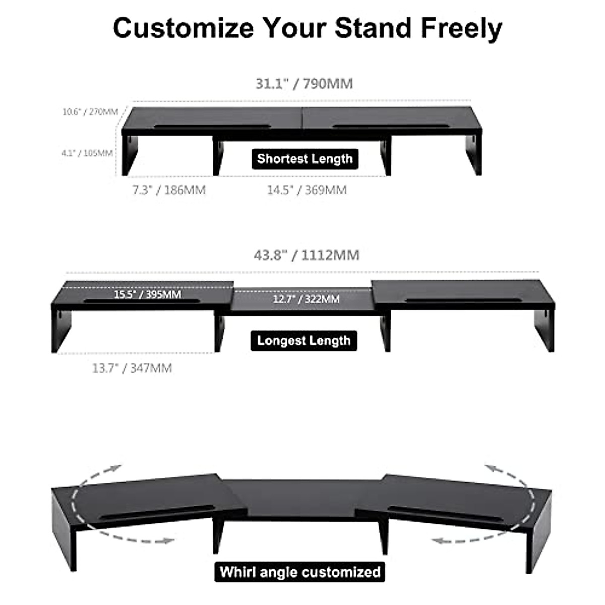 FITUEYES Dual Monitor Stand – 3 Shelf Computer Monitor Riser, Wood Desktop Stand with Adjustable Length and Angle, Desk Accessories, Office Supplies Light Black,DT111101WB