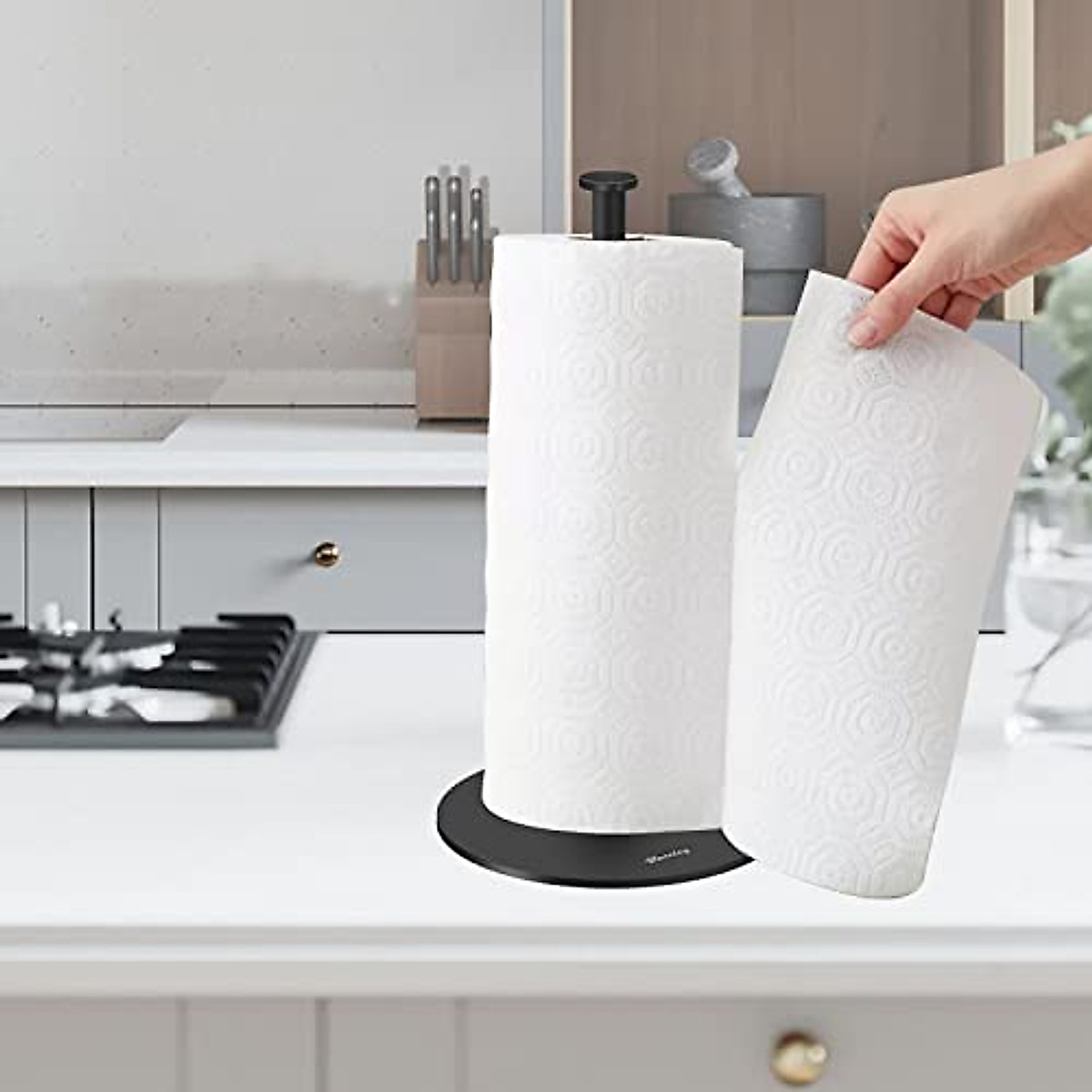 WACETOG Black Paper Towel Holder Countertop, Paper Towel Dispenser Standing Weighted Base Non Slip, Kitchen Towel Holder with Ratchet System for One Hand Tear
