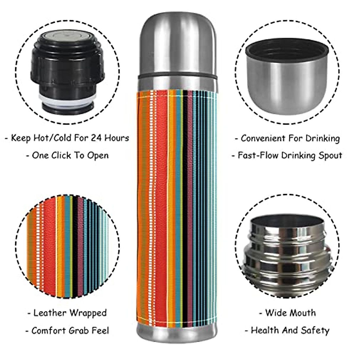 Stripe Boho Stainless Steel Water Bottle Leak-Proof, Double Walled Vacuum Insulated Flask Thermos Cup Travel Mug 17 OZ