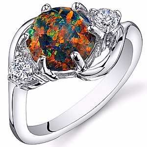 PEORA Created Black Fire Opal Ring for Women 925 Sterling Silver, Stunning Three Stone Design, 1.75 Carats Round Shape 8mm, Size 9