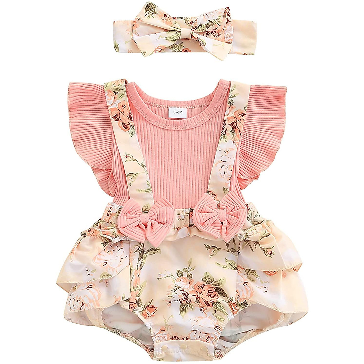 Socutebabe Baby Girl Floral Romper Newborn Dress Ruffle Onesie Suspender Shorts Jumpsuit Cute Summer Clothes and Headband (A Pink, 0-3 Months)