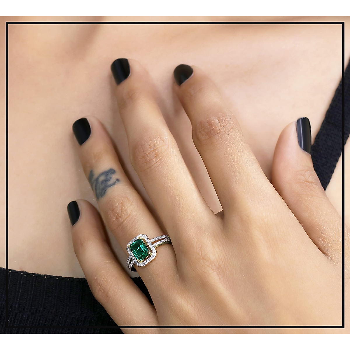 Dazzlingrock Collection 14K 7X5 MM Emerald Shape Created Emerald & Round Diamond Women Ring, Yellow Gold, Size 10