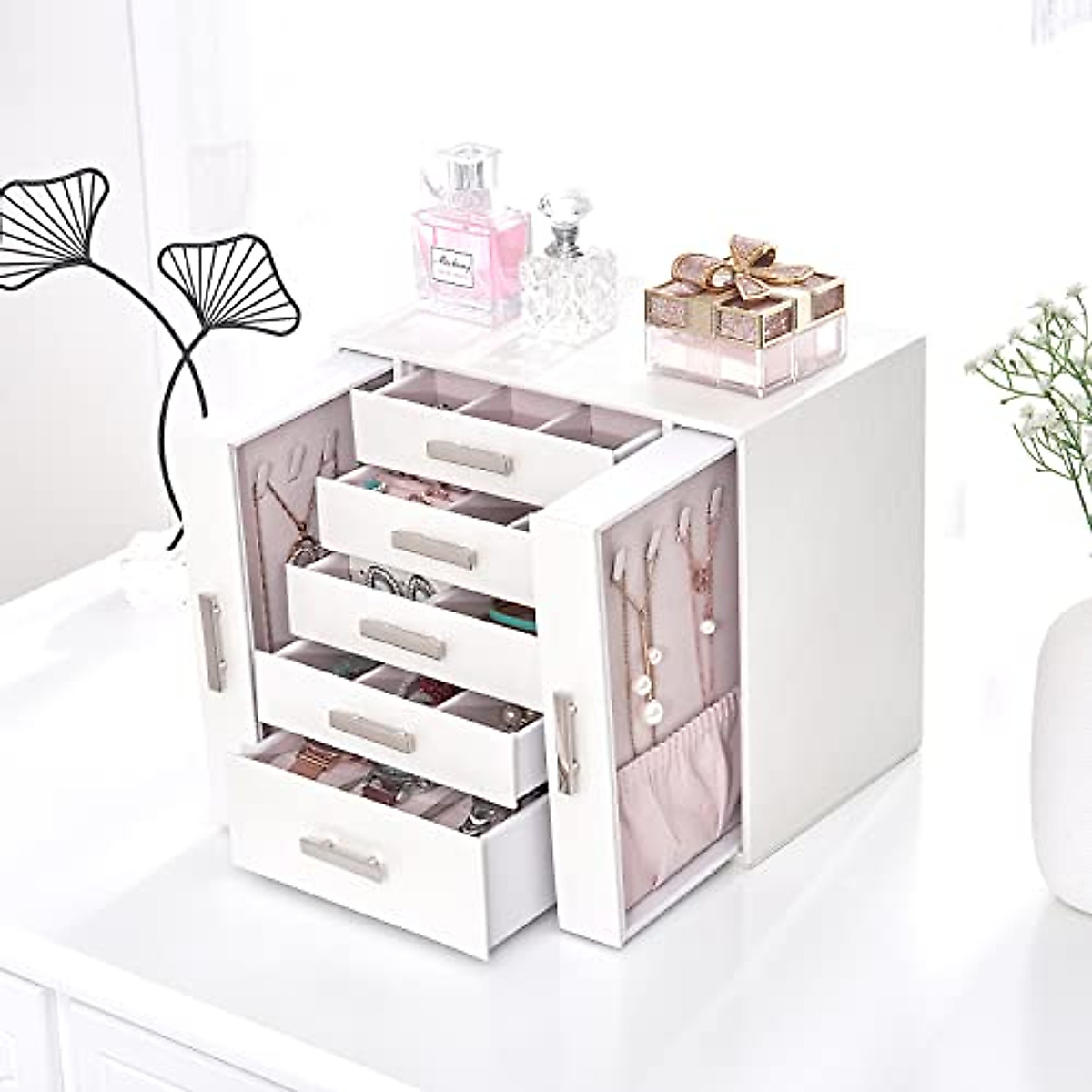 ANWBROAD Jewelry Boxes for Women White Jewelry Organizer Box Roomy for All Jewelry Jewelry Storage Case for Necklace Earring Bracelet Ring Leather Jewelry Storage Box Gifts for Women UJJB007W