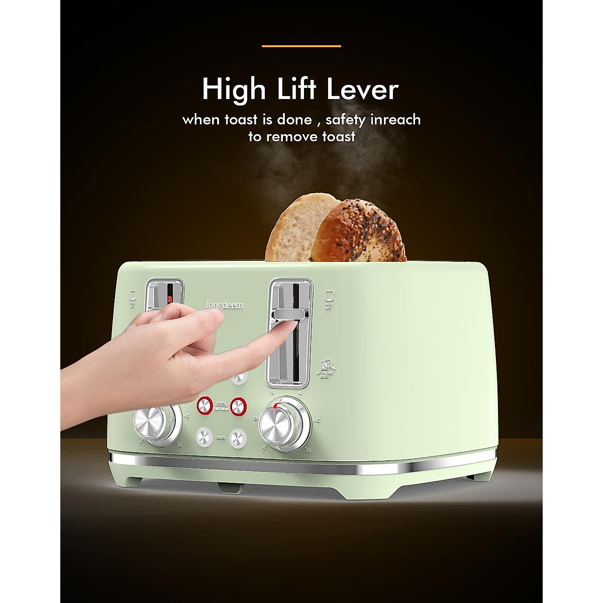 4 Slice Toaster, Extra Wide Slots, Longdeem Retro Stainless Steel Toasters, 6 Browning Options, Lift + Look, Auto Shut Off & Frozen Function, Toast Fruit Bread, Bagel & Waffle, Pastel Green