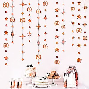 Rose Gold 60th Birthday Decorations Number 60 Circle Dot Twinkle Star Garland Metallic Hanging Streamer Bunting Banner Backdrop for 60 Year Old Happy Birthday 60th Anniversary Sixty Party Supplies