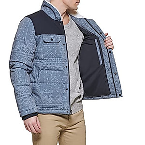 Levi's Men's Quilted Mixed Media Shirttail Work Wear Puffer Jacket, Faded Blue Bandana, Large