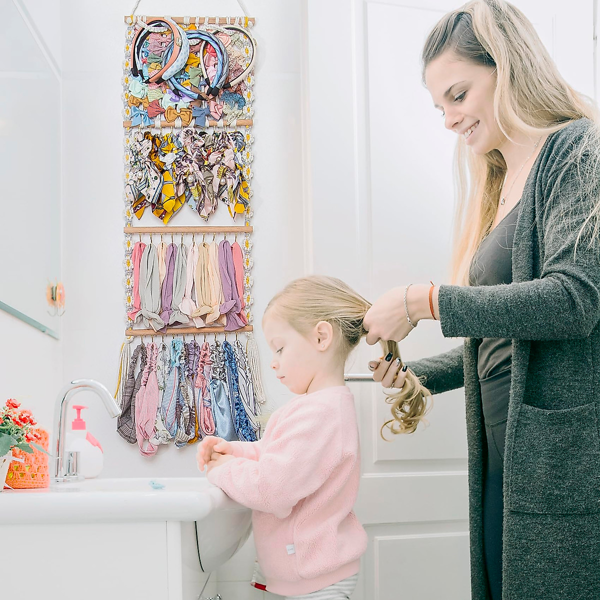 jontell Daisy Hair Bow Holder Bows Organizer For Wall Girls Hair Bows Hanger Necklace Display with 5 Functional Areas Baby Headband Hair Accessories Organizer
