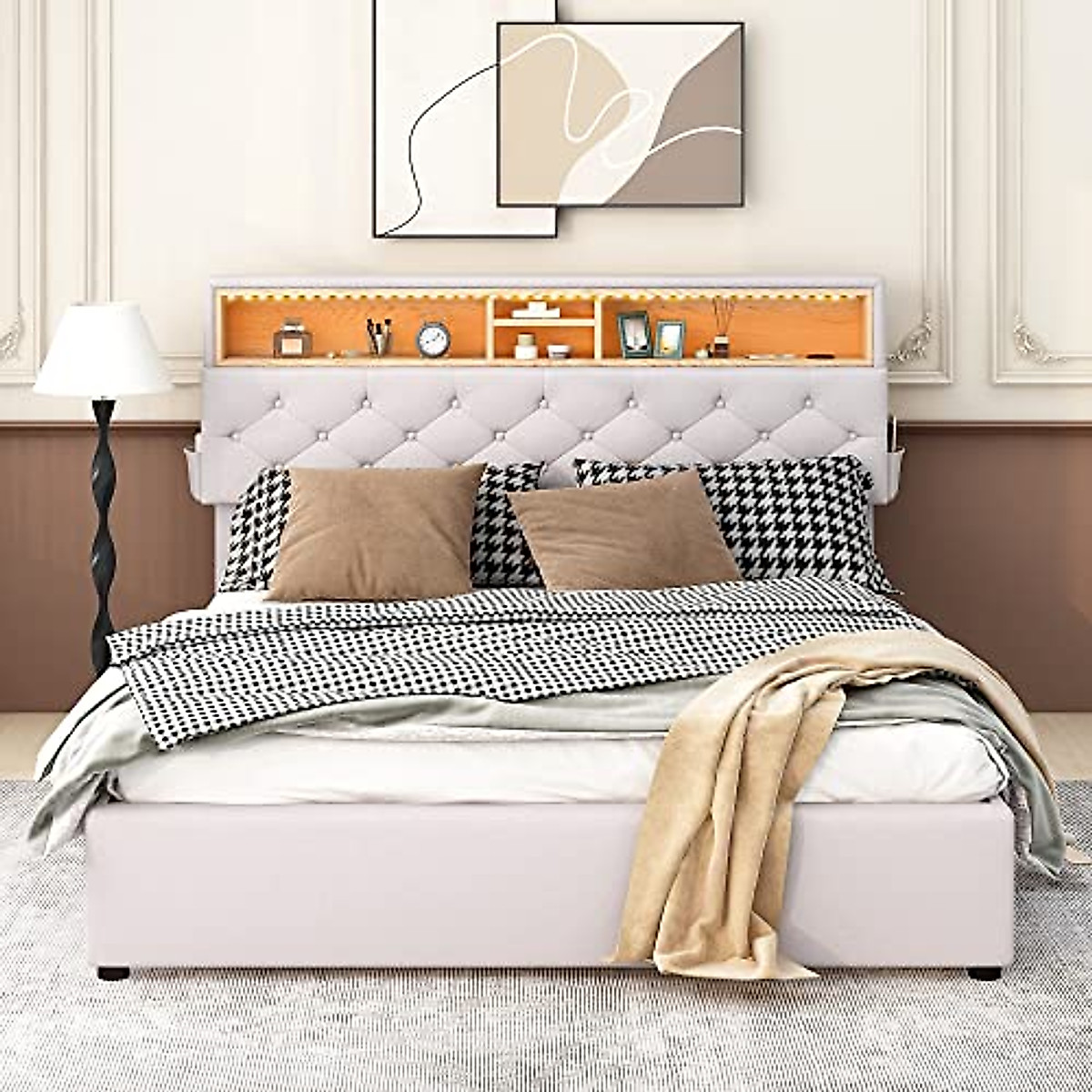 Queen Size Upholstered Platform Bed Frame for Boys Girls Kids Toddler with Storage Headboard, LED, USB Charging and 2 Drawers, Beige