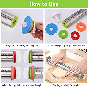 Adjustable Rolling Pin with Thickness Rings for Baking, Stainless Steel Designs Dough Roller Pins for Cookie Decorating Baking Supplies Fondant Cake Baker