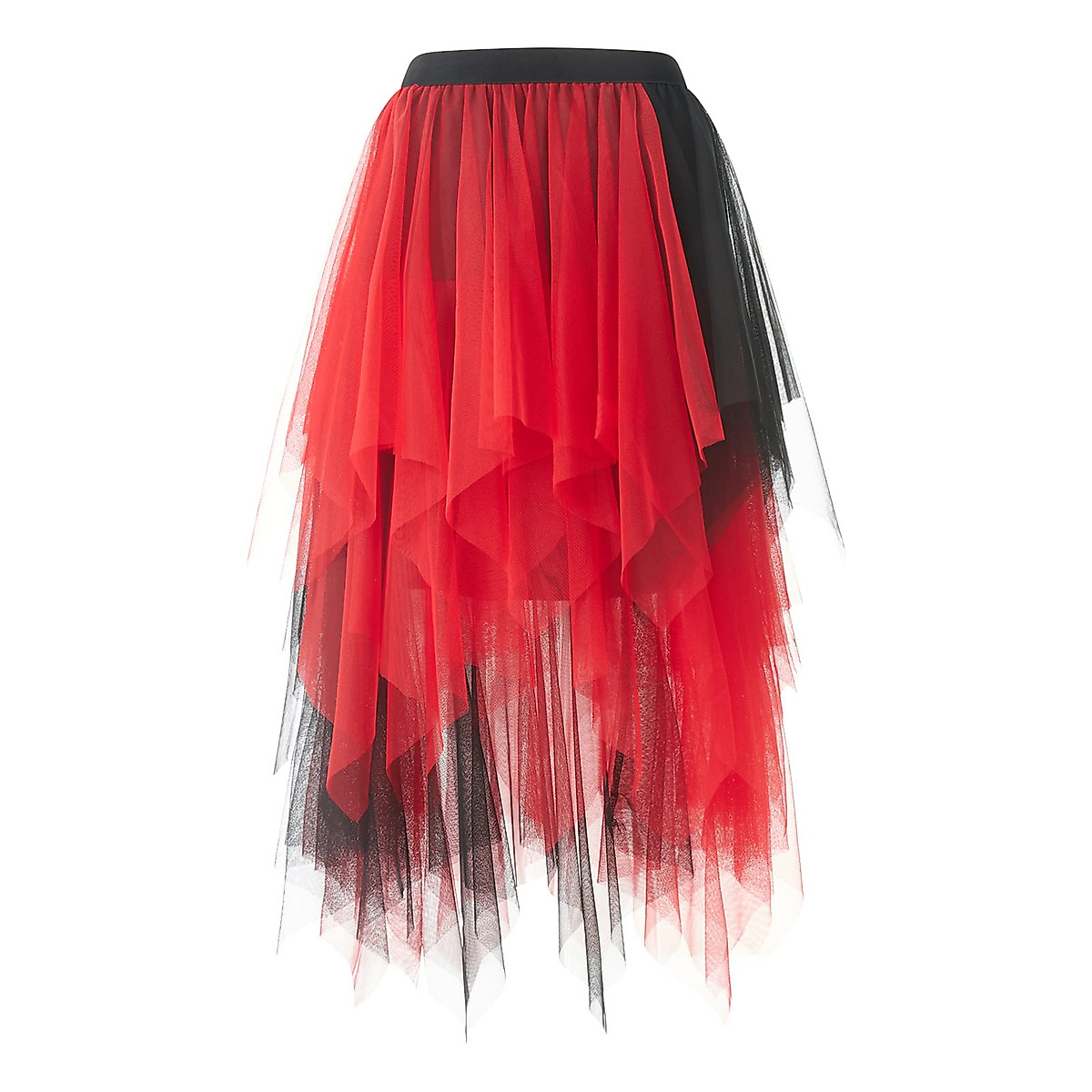 Awoscut Women Girl Mesh Tutu Midi Skirts Elastic High Waist Irregular Ruffles Multi-Layered Tulle Tutu Swing Skirts (03 Red, M)