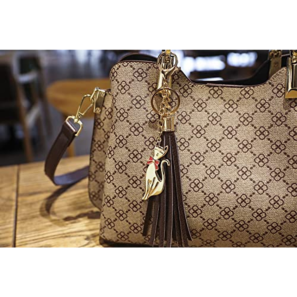 Eightown Beige Tote Bag for Women - Designer Top Handle Bag with Flowers Printing - High-capacity Shoulder Purse with Tassel Pendant(Brown strap)