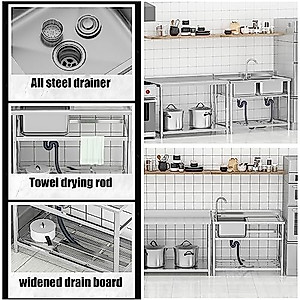 Utility Sink, Freestanding Stainless Steel Sink, Small Stainless Steel Sink, Portable Sink, Outdoor Sink Station With Hose Hook Up, For Restaurant, Cafe, Bar, Hotel, Garage (Color : Hot and cold)