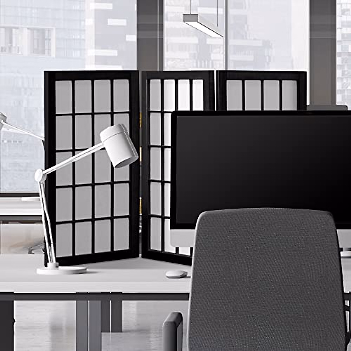2 ft. Short Desktop Window Pane Shoji Screen - Black - 3 Panels