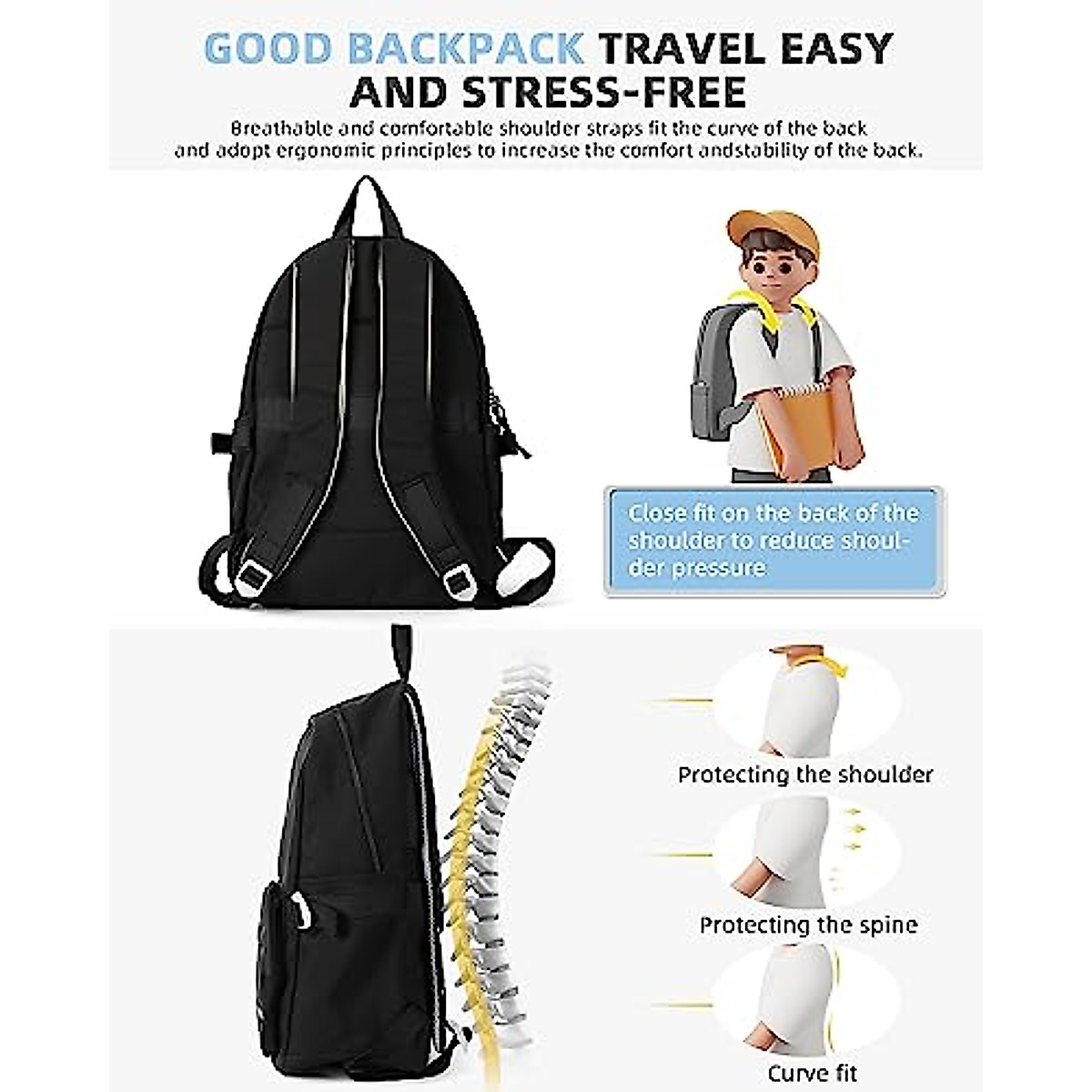 Lightweight School Backpack for Women Men, Laptop Travel Casual Daypack College Secondary School Bags Bookbag for Teenage Girls Boys, Black