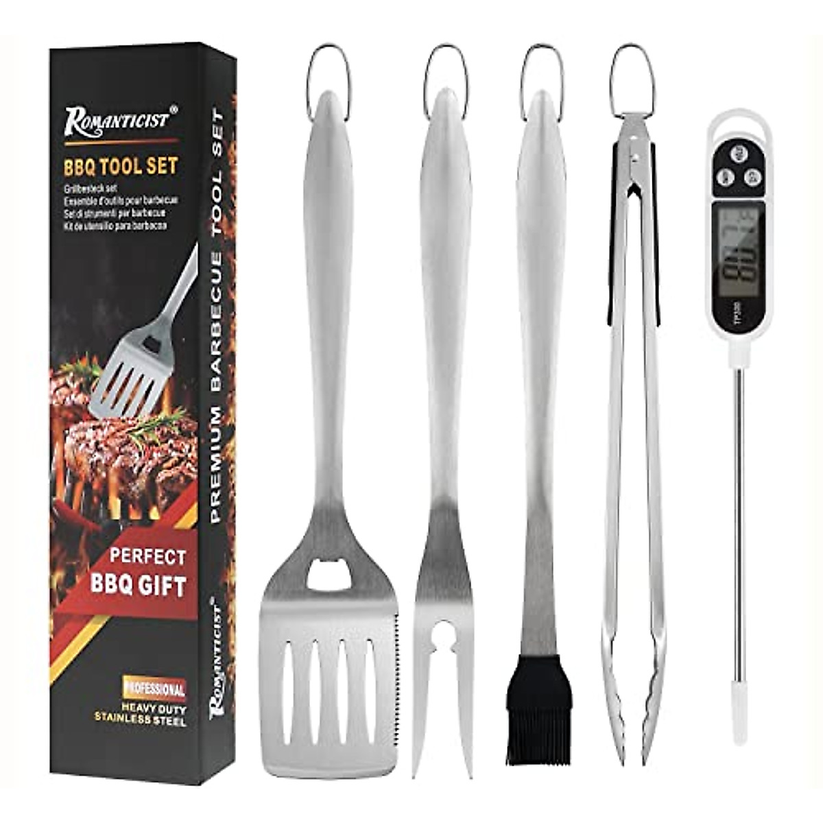 ROMANTICIST 5pc Heavy Duty Grill Accessories for Top Chef - Professional Grill Tools Set & Basic BBQ Tools for Backyard Restaurant Outdoor Kitchen - Deluxe Grill Gift for Dad on Father’s Day Birthday