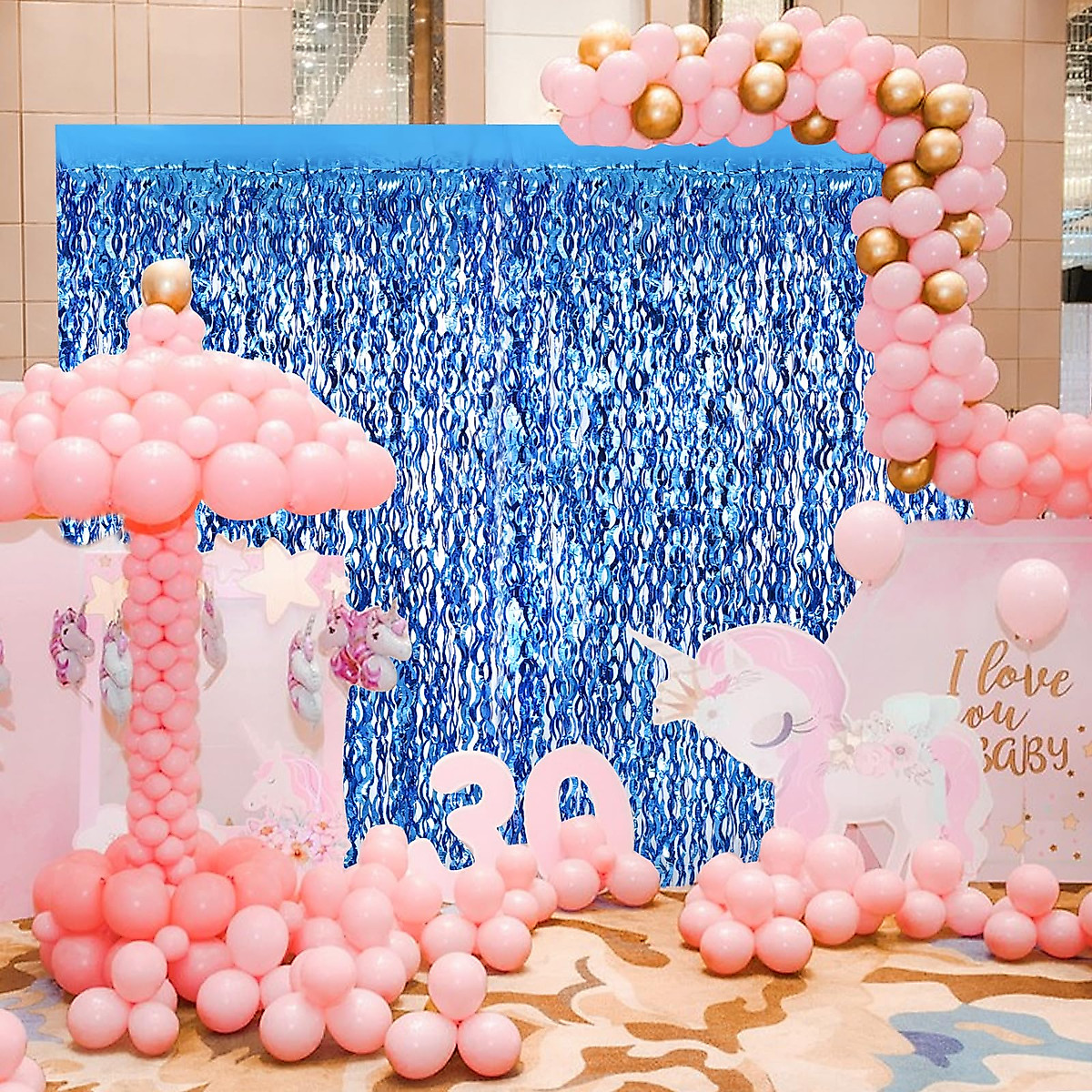 Wavy Blue Metallic Tinsel Foil Fringe Curtains, 2 Pack 3.3x8.3 Feet Party Streamer for Birthday Party Decorations, Halloween Decor, Foil Curtain for Bachelorette Party