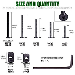 Keadic 122Pcs M6 x 35/45/55/65/75mm Baby Bed Screws Hardware Replacement Kit, Black Hex Socket Cap Bolts Barrel Nuts Assortment Kit for Furniture Cots Beds Crib, 1 Hex Key and Plastic Box for Free