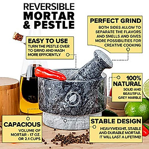 Laevo Mortar and Pestle Set (Large) | Gray Marble | Stone Spice Grinder | 2.1 Cup Capacity | 5.5 inch | Reversible | Molcajete Mexicano | Guacamole, Pesto, Spices | Large Mortar & Pestles | Gift Set
