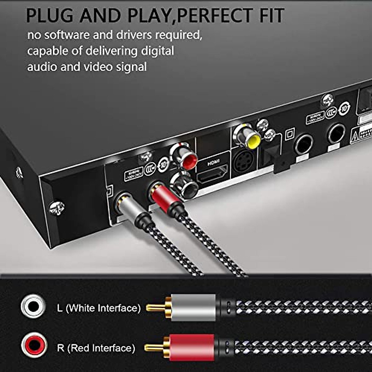 AUX RCA Y Cable 20FT, 3.5mm to 2-Male RCA Adapter Stereo Splitter Cable 1/8" Right Angle TRS to RCA Straight Plug Audio Auxiliary Cord for Smartphone, Speakers, Tablet, HDTV, MP3 Player
