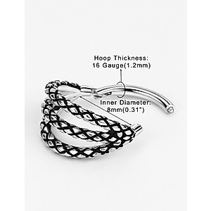 16G 8mm Silver Nose Rings Lip Septum Clicker Triple Open Stack Conch Daith Piercing Jewelry Snake Skin Cartilage Earring Hoop 316L Surgical Steel Conch Daith Helix Rook Lobe Earring Black Hoop Earring