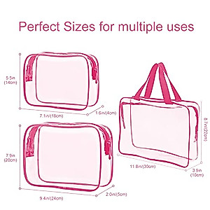Veki 3Pcs Set Crystal Clear Toiletry Bag TSA Approved Makeup Bag Quart Size Cosmetic Bag Waterproof Travel Bags for Women Men Portable Carry on Airport Airline Compliant Bag (Rose Red)