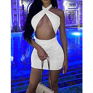 Women's Sexy Ruched Bodycon Halter Criss Cross Cut Out Backless Mini Club Party Dresses, Medium, White