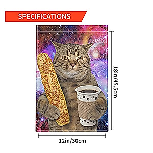 Moslion Funny Cat Garden Flag Vertical Double Sided Kitten with Bread Coffee on Starry Sky Cute Animal House Flags Home Burlap Banners 12.5x18 Inch for Outdoor Decor Lawn