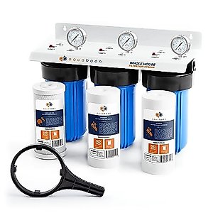Aquaboon 3-Stage Whole House Water Filter System w/Wrench, Iron White Coated Bracket & Pressure Gauges & Release Buttons (1" Port) - w/10"x 4,5" СTO Filter & 2 pcs PP Polypropylene Sediment Filters