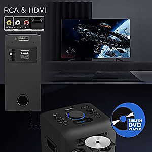 Home Stereo System CD/DVD Player, Bluetooth Party Speaker with Karaoke MIC Ports x 2, Floorstanding Soundsystem with LED Lightshow, Bass/Echo Adjustable