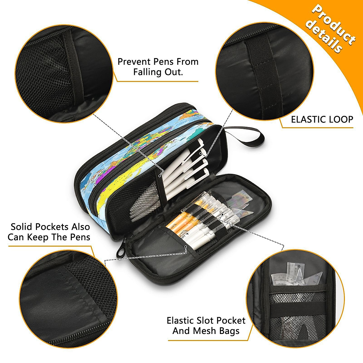 CHIFIGNO World Map Pencil Case Box, Large Pen Case, Large Pencil Boxes, Pencil Pouch for Kids