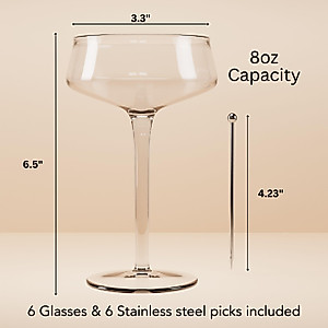LOUVOR Champagne Coupe Glasses Set of 6-8oz Hand Blown Crystal Martini Glasses with 6 Stainless Steel Cocktail Picks - Versatile Tall Cocktail Glasses & Vintage Cocktail Glasses for Martini & More