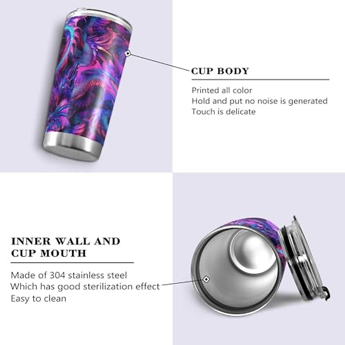 HXshaoye Cyberblue purple dragon Stainless Steel cups for hot and cold with Straw Leak Resistant Flip mug spill proof leak proof for School, Sports, Daycare, Camp & More leakproof 20oz coffee tumbler