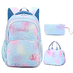 YJMKOI 3PCS Colorful Heart Print Backpack for Girls, Primary Kids Bookbag Set, Purple Backpack with Lunch Box