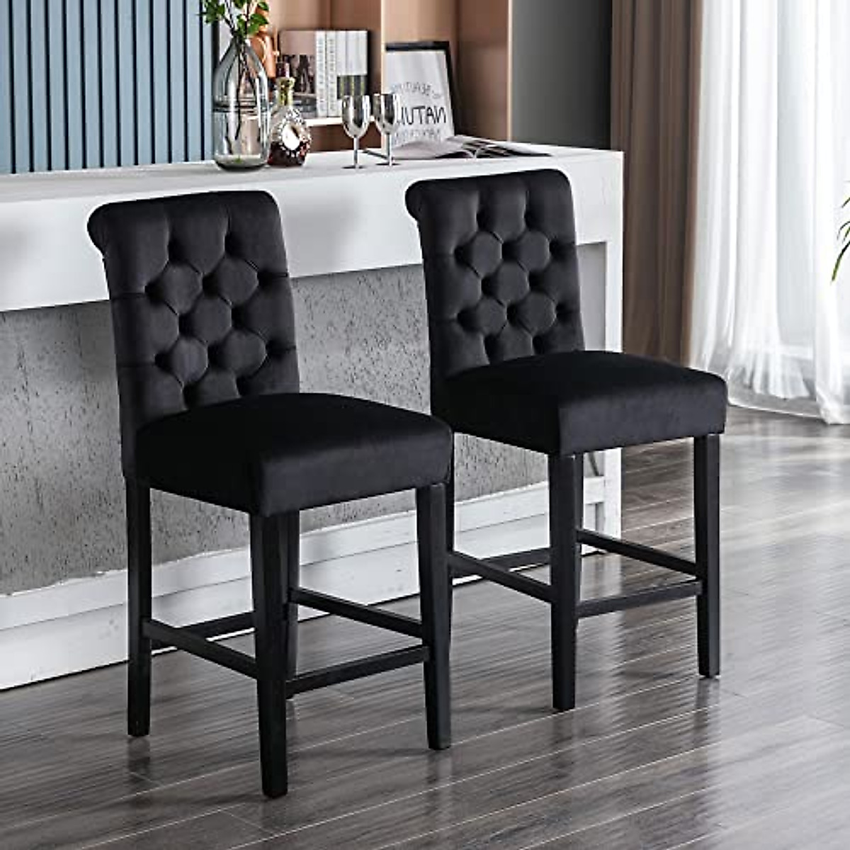 DM Furniture DM-Furniture Counter Height Barstools 26'' Velvet Bar Stools Modern Upholstered Kitchen Island Wood Chairs for Home Pub/Bistro/Coffee House (Set of 4, Black) Velvet, Black