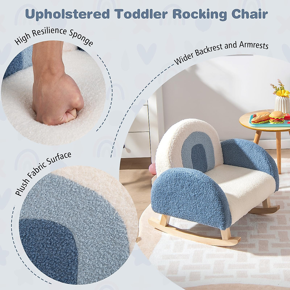 HONEY JOY Toddler Rocking Chair, Kids Rocker Chair with Solid Wood Frame & Plush Fabric, Kids Furniture Sofa w/Anti-Tipping Design, Toddler Couch for Kids Room, Playroom, Nursery, Bedroom (Blue)