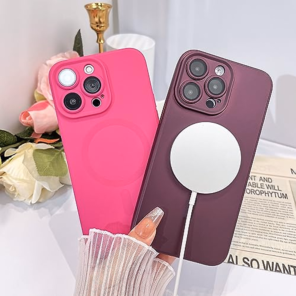 MZELQ Magnetic Case for iPhone 14 Pro Max Case [Compatible with Magsafe] with Camera Protection Cover Soft Silicone Shockproof Protective Design Phone Case for 14 Pro Max Women Girls 6.7" - Burgundy