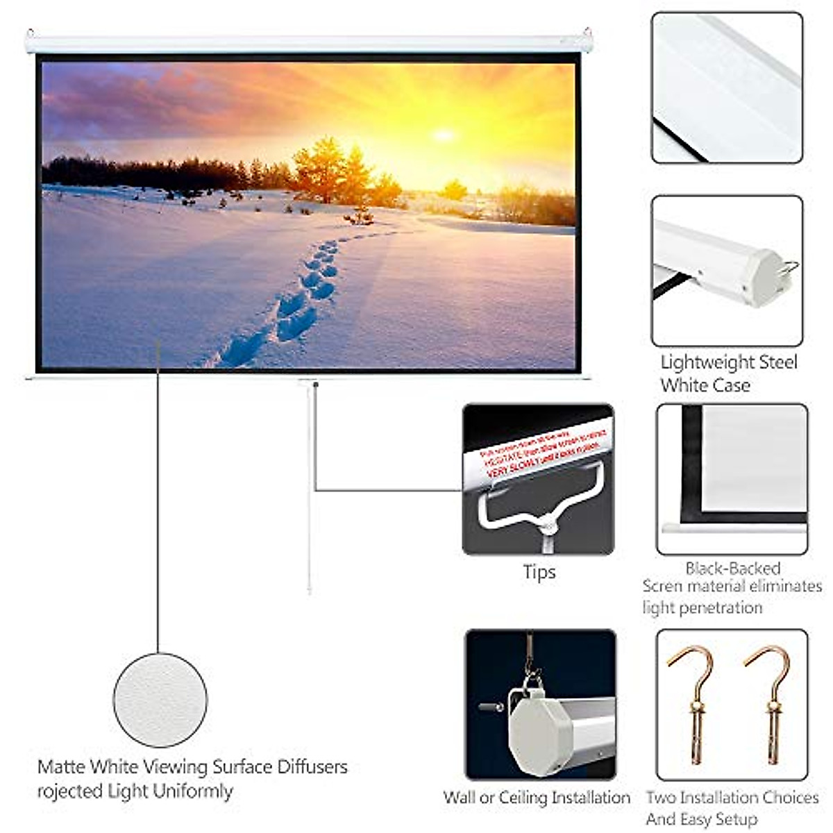 Outdoor Projector Screen Manual Pull Down,4K HD Projection Movies Screen for Indoor Outdoor Home Theater Office Movies Backyard Cinema Travel,2 x Screw Hooks Include (84 inch,16:9)