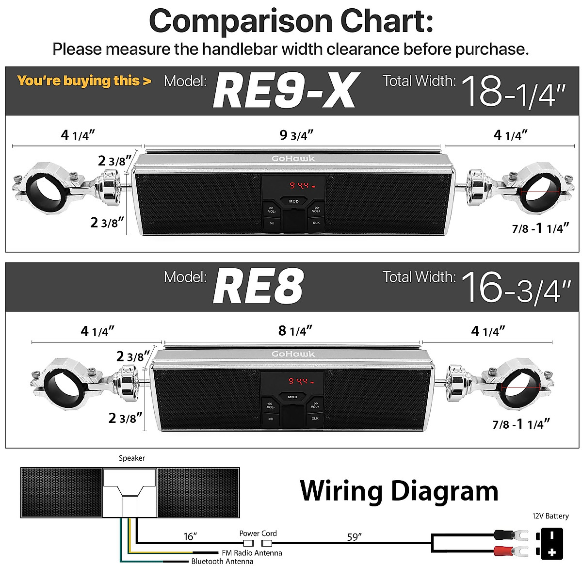 GoHawk RE9-X Gen.3 Waterproof Bluetooth Motorcycle Stereo Speakers LED Soundbar 7/8-1.25 in. Handlebar Mount MP3 Music Player Audio Amplifier System ATV 4 Wheelers USB AUX FM Radio