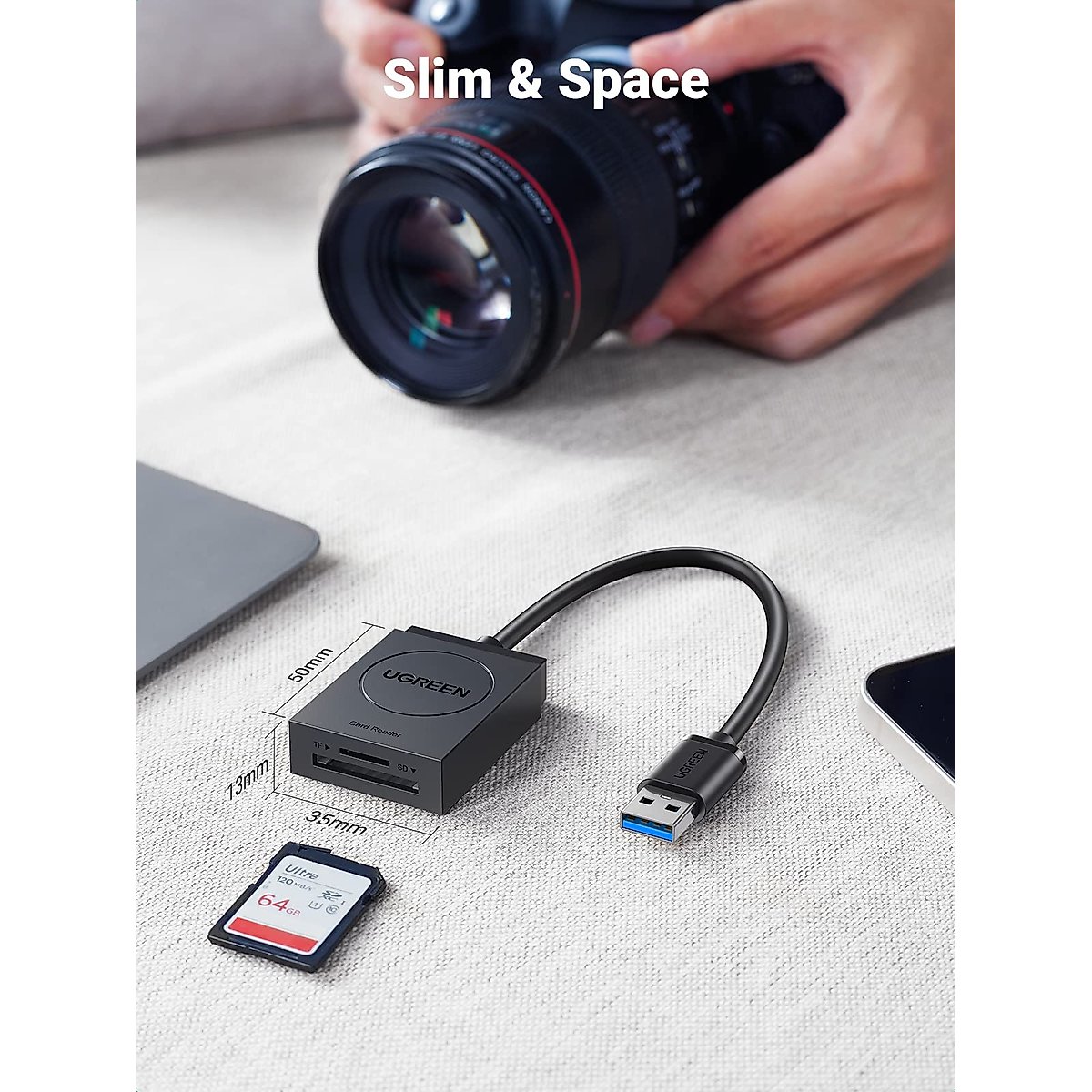 UGREEN SD Card Reader USB 3.0 Dual Slot Flash Memory Card Reader TF SD Micro SD SDXC SDHC MMC RS-MMC Micro SDXC Micro SDHC UHS-I for Mac Windows Linux Chrome Read 2 Cards Simultaneously
