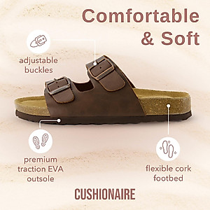 CUSHIONAIRE Lane Cork Footbed Sandals for Women – Comfortable Double Buckle Slip-On with Genuine Suede Footbed & Arch Support Slides for Women Footwear, BROWN 8