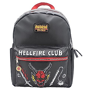 AI ACCESSORY INNOVATIONS Stranger Things Hellfire Club PU Backpack, School Travel Bag with Epoxy Filled Metal HFC Hexagon Charm, 16 Inch, Faux Leather