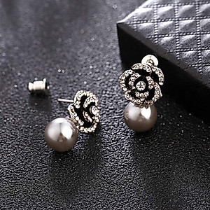 Women Faux Imitation Pearl Rhinestone Rose Stud Earrings