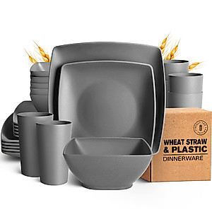 Teivio 24-piece Plastic Wheat Straw Square Dinnerware Set for 6, Unbreakable Dinner Plates, Salad Plates, Snack Bowls, Tumblers 20 oz, Dishwasher Safe (Service for 6 (24 pieces), Grey)